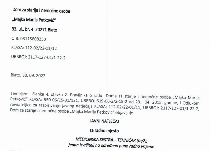 Objavljen javni natječaj za radno mjesto medicinska sestra - tehničar ...