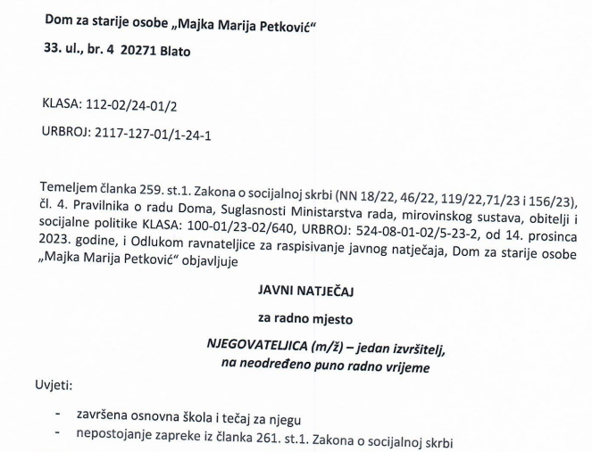 Javni natječaj za javno mjesto njegovateljica - Majka Marija Petković